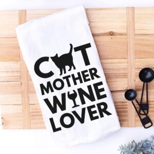 Handmade Funny Kitchen Towel - 100% Cotton Funny Cat Dish Towel - 28x28 Inch Perfect for Housewarming Cat Dog Lovers - Christmas - Pet Lovers Gift (Cat Mother Wine Lover)