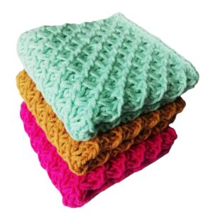 set 3 dishcloths scowing rag towels hand knitted cotton coasters drink absorbent hot pads mats home kitchen square reusable cleaning supplies craft tools zero waste handmade