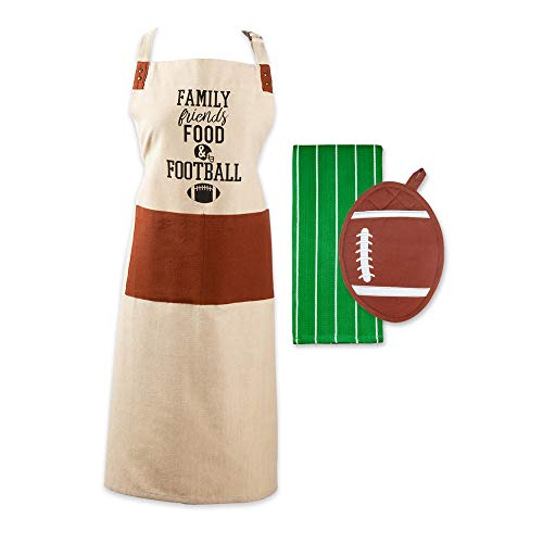 DII Fall Football Kitchen Collection Family Friends & Food, Chef Apron, Dish Towel, Pot Holder Set, 3 Count