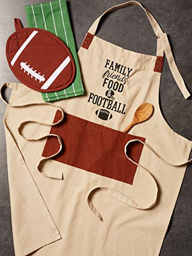 DII Fall Football Kitchen Collection Family Friends & Food, Chef Apron, Dish Towel, Pot Holder Set, 3 Count