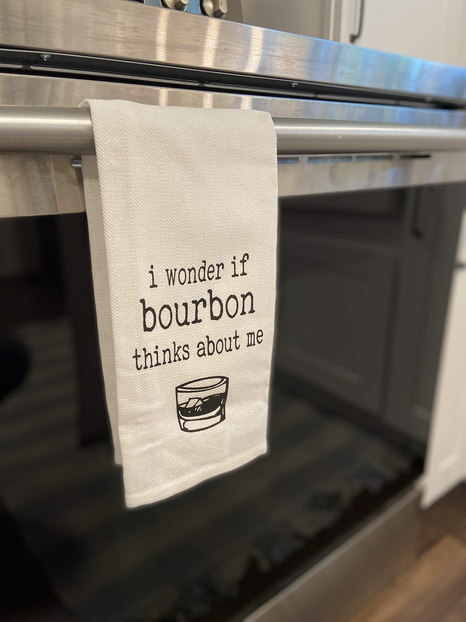 I Wonder If Bourbon Thinks About Me Tea Towel | Dish Towels with Funny Bourbon Whiskey Sayings are Perfect for Home, Bar, or Kitchen | Funny Gift for Old Fashioned Cocktail Lovers