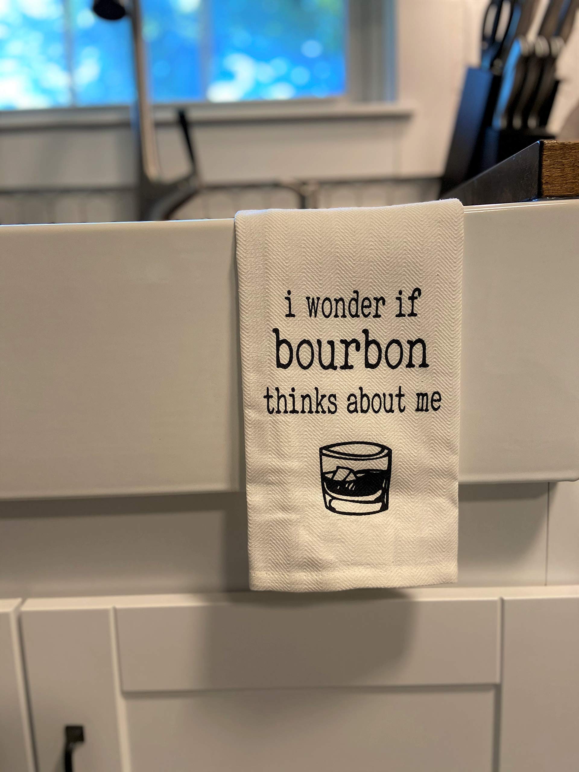 I Wonder If Bourbon Thinks About Me Tea Towel | Dish Towels with Funny Bourbon Whiskey Sayings are Perfect for Home, Bar, or Kitchen | Funny Gift for Old Fashioned Cocktail Lovers