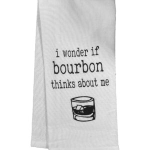 I Wonder If Bourbon Thinks About Me Tea Towel | Dish Towels with Funny Bourbon Whiskey Sayings are Perfect for Home, Bar, or Kitchen | Funny Gift for Old Fashioned Cocktail Lovers