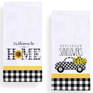 buffalo plaid sunflowers kitchen dish towel 18 x 28 inch set of 2, seasonal spring summer sunflower trucks tea towels dish cloth for cooking baking