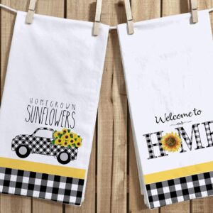 Buffalo Plaid Sunflowers Kitchen Dish Towel 18 x 28 Inch Set of 2, Seasonal Spring Summer Sunflower Trucks Tea Towels Dish Cloth for Cooking Baking