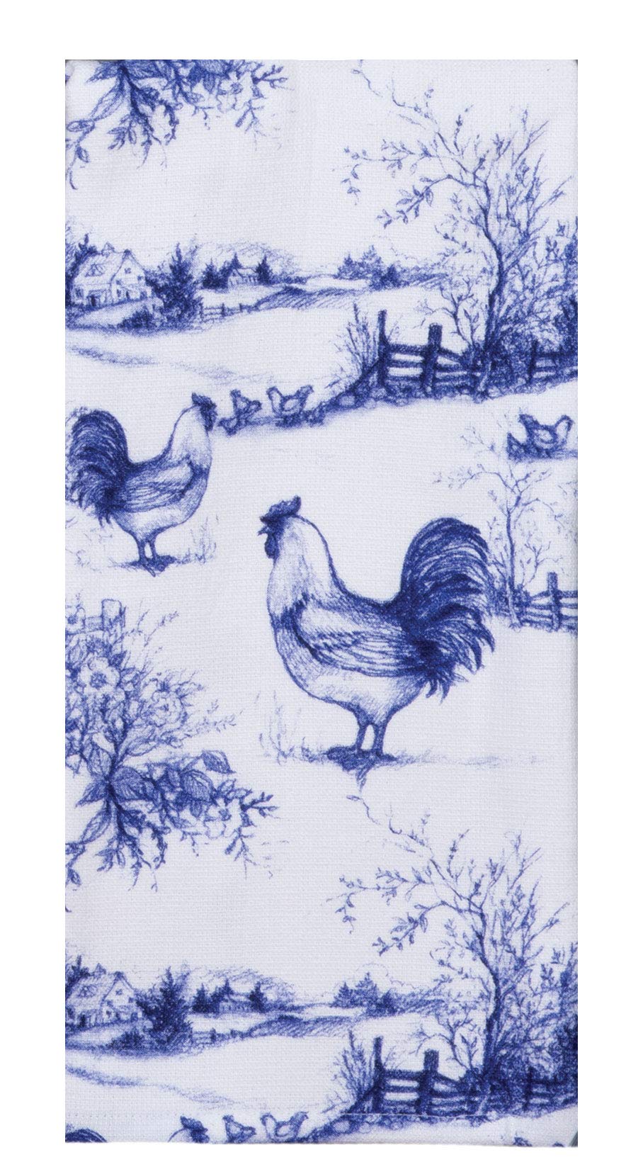 2 Piece Farmhouse Rooster Blue and White Dual Purpose Terry Towel Kitchen Bundle