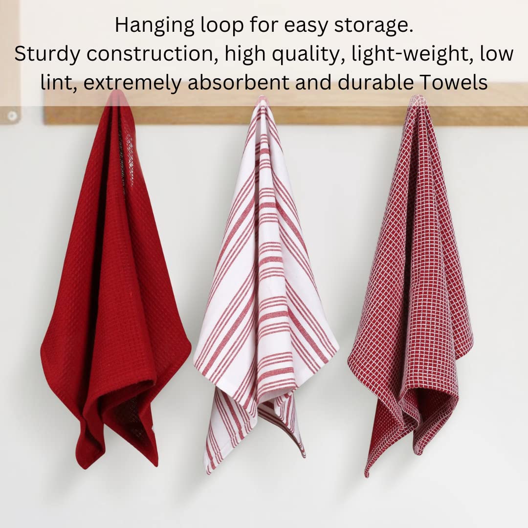 Urbana Cotton Set of 6 Assorted Waffle Kitchen Towels 100% Cotton Super Soft Absorbent Reusable Cleaning Cloths Machine Washable Weave Tea Towel with Hanging Loop (Red & White, 16 X 26 Inches)