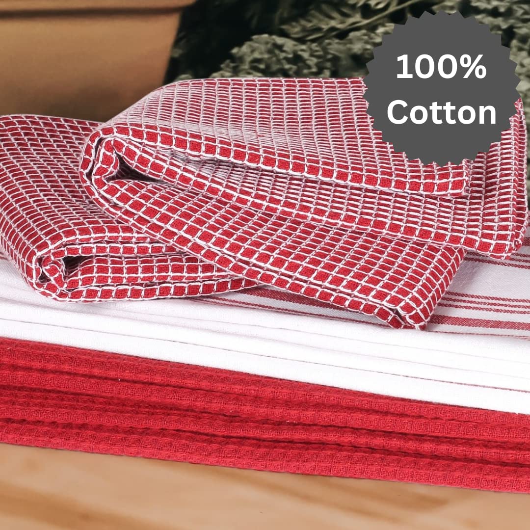 Urbana Cotton Set of 6 Assorted Waffle Kitchen Towels 100% Cotton Super Soft Absorbent Reusable Cleaning Cloths Machine Washable Weave Tea Towel with Hanging Loop (Red & White, 16 X 26 Inches)