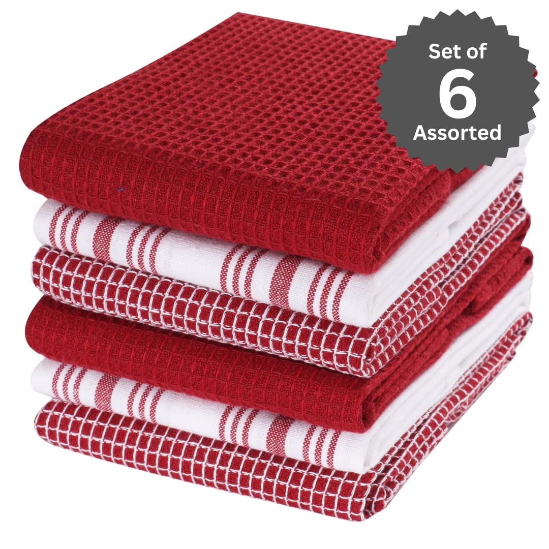 Urbana Cotton Set of 6 Assorted Waffle Kitchen Towels 100% Cotton Super Soft Absorbent Reusable Cleaning Cloths Machine Washable Weave Tea Towel with Hanging Loop (Red & White, 16 X 26 Inches)