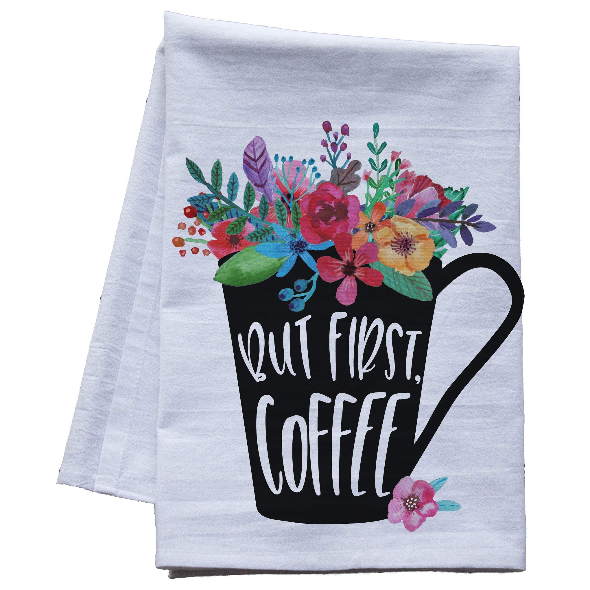 But first, Coffee Flower Filled Cup - Premium Kitchen Towel - Extra large flour sack tea towel, dish towel, cute coffee lover gifts under 20 dollars- Made in the USA