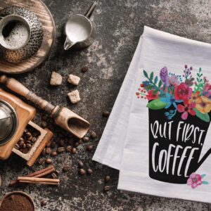 But first, Coffee Flower Filled Cup - Premium Kitchen Towel - Extra large flour sack tea towel, dish towel, cute coffee lover gifts under 20 dollars- Made in the USA