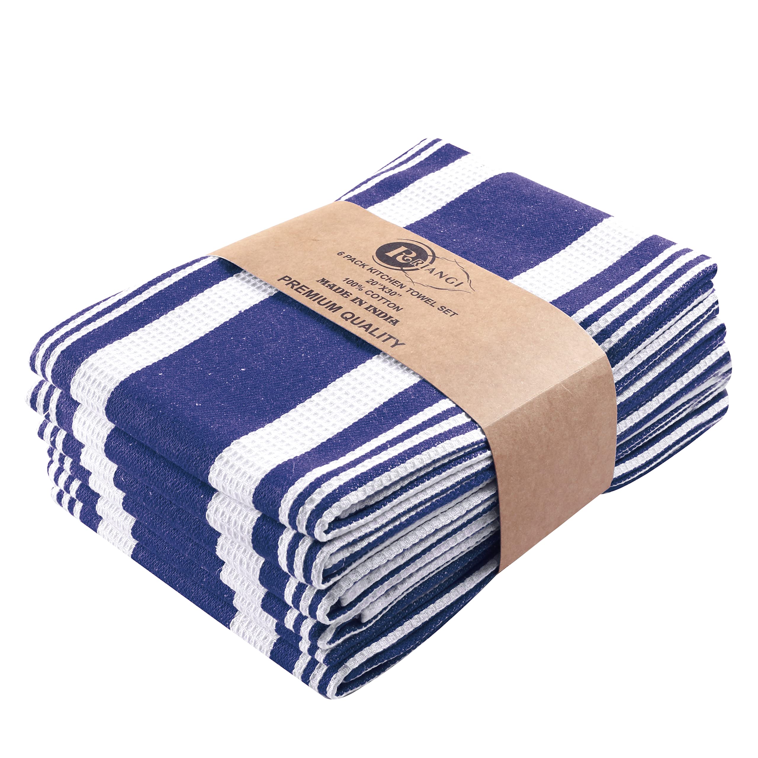 RIANGI Kitchen Towels Cotton (20x30 Inches 6 Pack) Blue And White Kitchen Towels Hand Towels With Hanging Loop Tea Towels For Kitchen, Absorbent Dish Towels, Best For Drying Dishes Navy Kitchen Towels