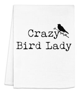 funny kitchen towel, crazy bird lady, tea joke, flour sack dish towel, sweet housewarming gift, white or gray (white)