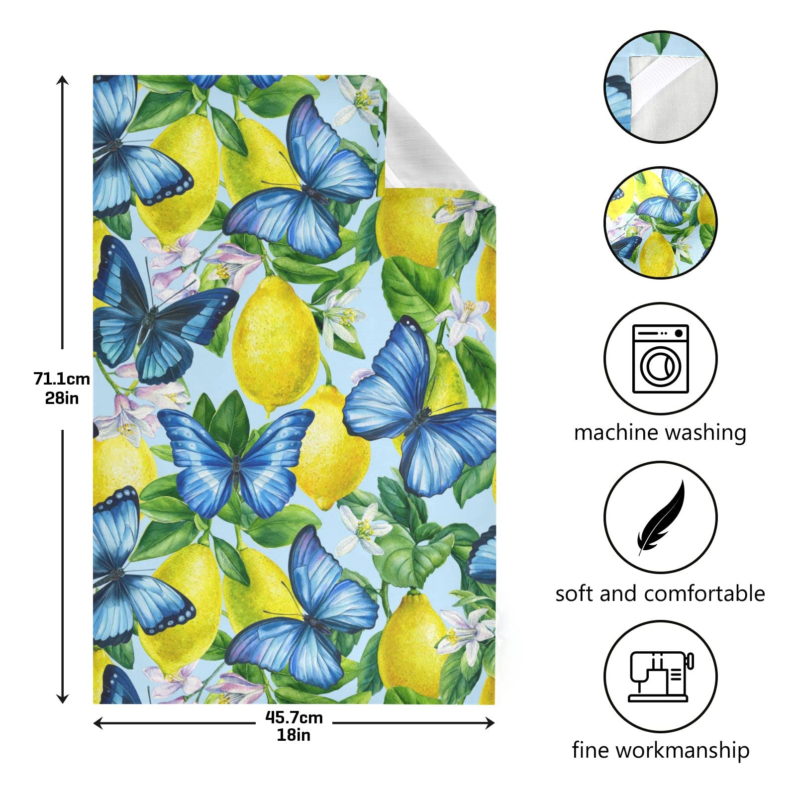 BOENLE Lemons with Blue Butterfly Kitchen Towels Set of 4, Absorbent Microfiber Dish Hand Towel Farmhouse Cleaning Cloth Tea Towels Dishcloths Quick Dry Decorative