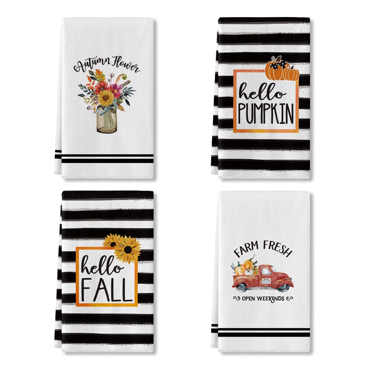 Artoid Mode Flower Vase Hello Pumpkin Truck Fall Kitchen Towels and Dish Towels, 18 x 26 Inch Harvest Holiday Drying Cloth Tea Towels for Cooking Baking Set of 4