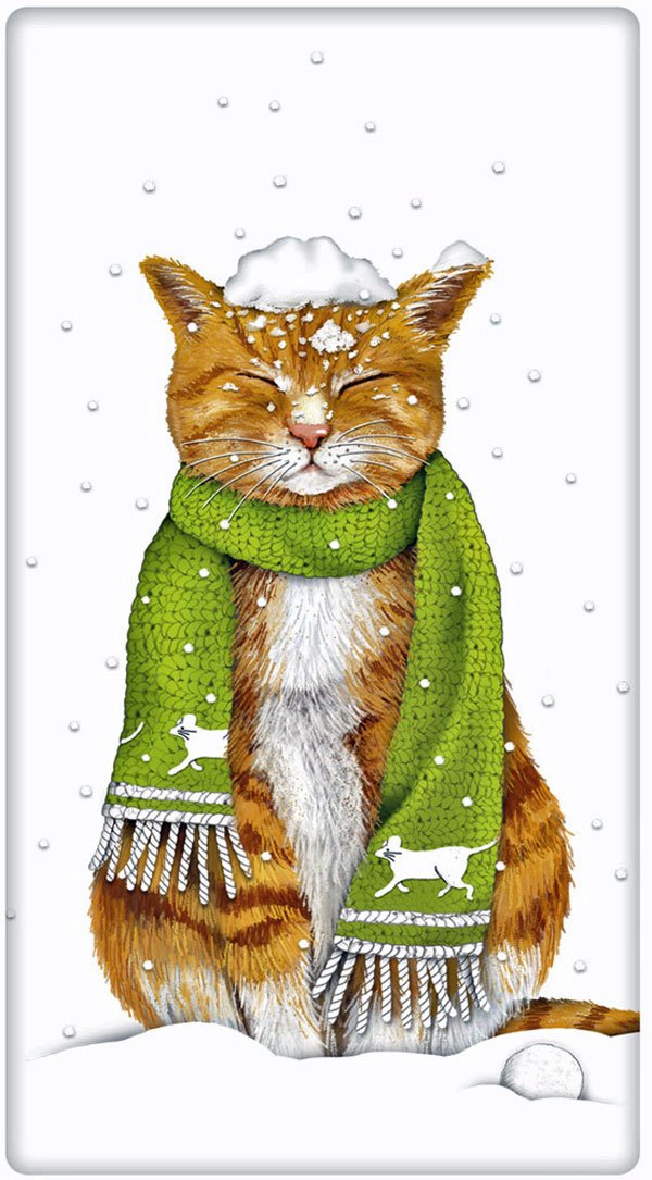 Orange Tabby Holiday Snow Cat 100% Cotton Flour Sack Dish Tea Towel - Mary Lake Thompson 30" x 30"