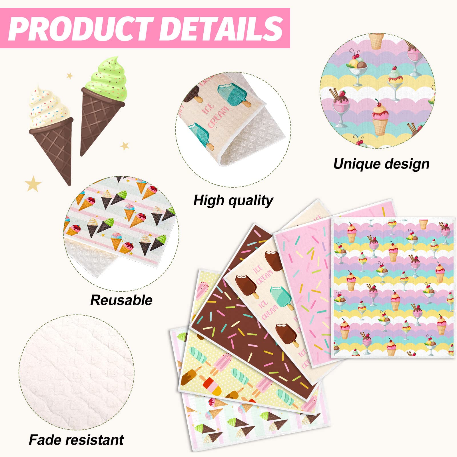 Whaline 6Pcs Ice-Cream Colorful lce Lolly Pattern Swedish Kitchen Dishcloths Reusable Dish Towels Cotton Absorbent Cleaning Cloth for Summer Holiday Home Party Kitchen Bathroom Cleaning 6.7 x 7.7 Inch