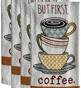 Set of 4, Coffee Cup with Sentiment BUT First Coffee Design Kitchen Towels Dish Towels for Kitchen Decorative Size: 15 x 25 inch.