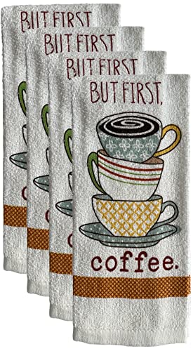 Set of 4, Coffee Cup with Sentiment BUT First Coffee Design Kitchen Towels Dish Towels for Kitchen Decorative Size: 15 x 25 inch.