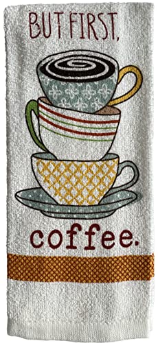 Set of 4, Coffee Cup with Sentiment BUT First Coffee Design Kitchen Towels Dish Towels for Kitchen Decorative Size: 15 x 25 inch.