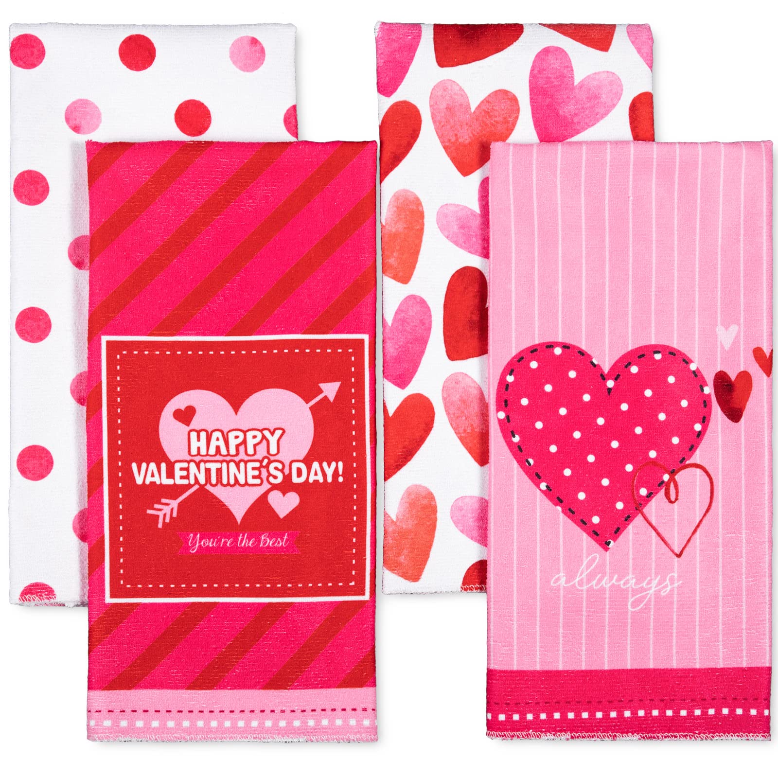 Whaline Valentine's Day Kitchen Towel Pink Heart Dot Stripe Dishcloth 28 x 18 Large Tea Towel Decorative Holiday Cloth Towel for Valentine's Day Wedding Kitchen Cooking Baking, 4 Pack