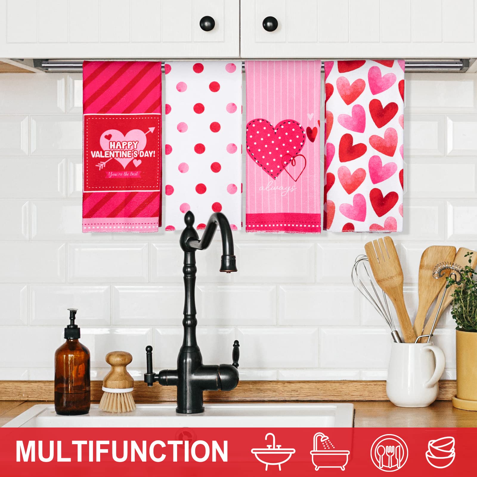 Whaline Valentine's Day Kitchen Towel Pink Heart Dot Stripe Dishcloth 28 x 18 Large Tea Towel Decorative Holiday Cloth Towel for Valentine's Day Wedding Kitchen Cooking Baking, 4 Pack