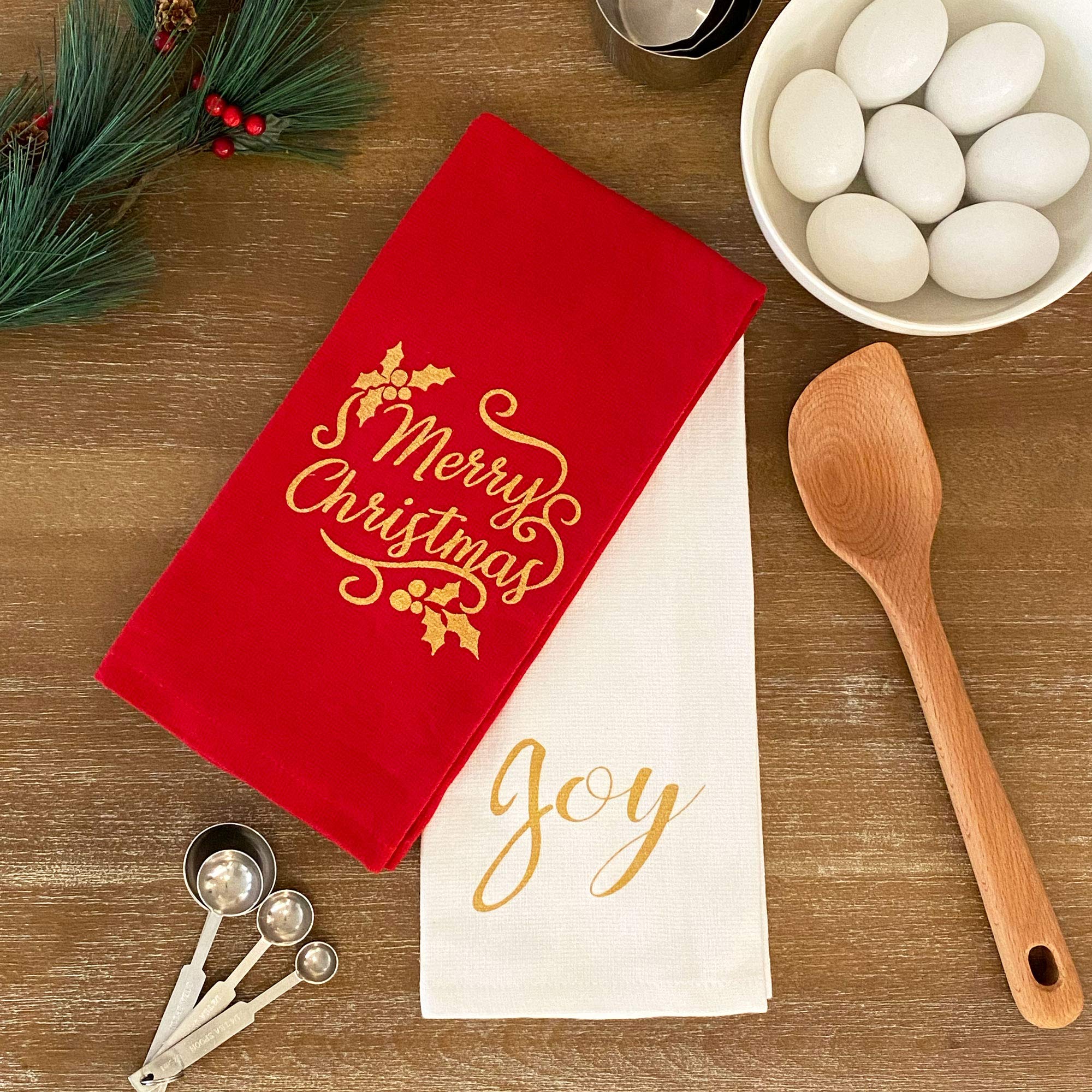 Elrene Home Fashions Merry Christmas and Joy Sentiments Cotton Christmas Holiday Kitchen Towels/Dish Towels/Hand Towels