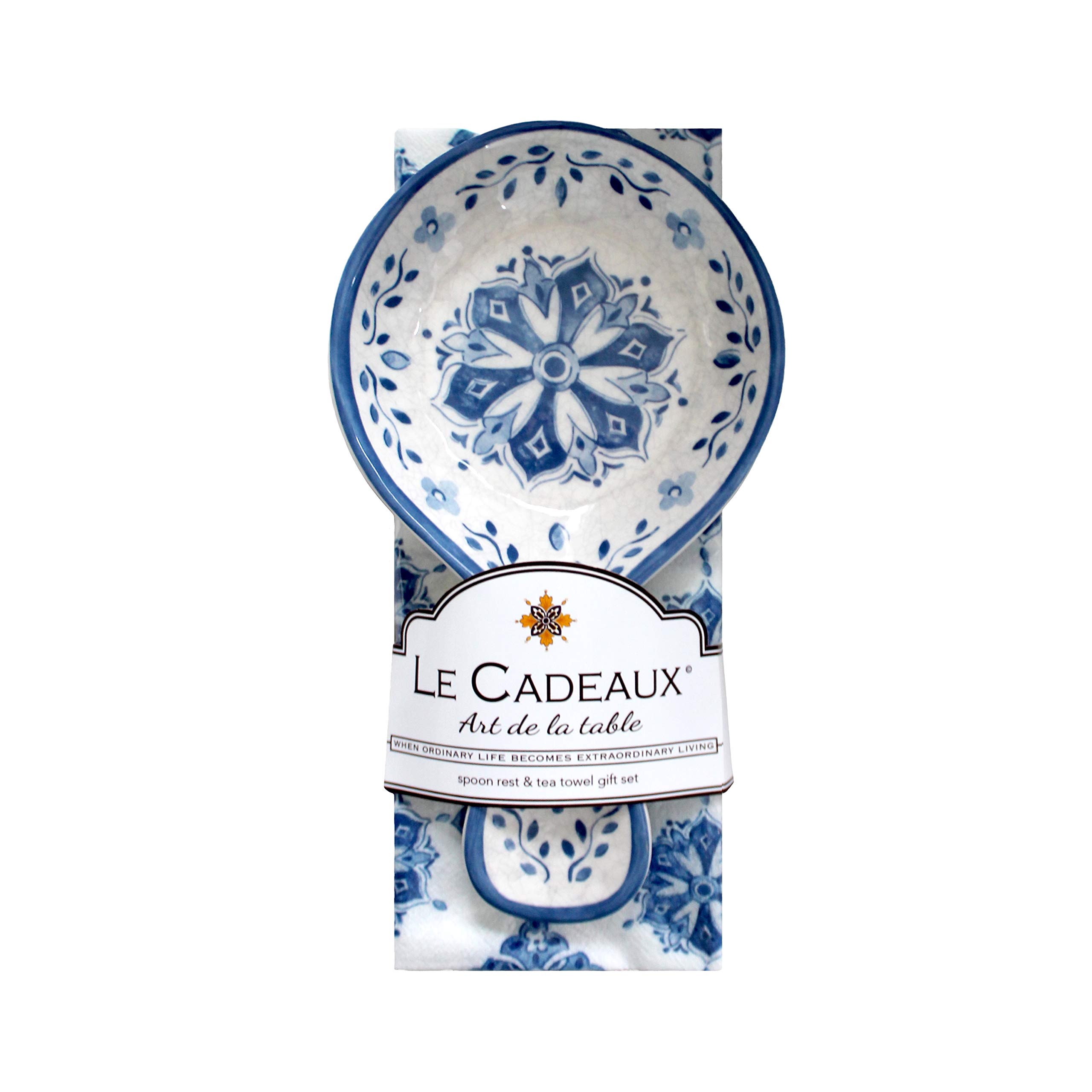 Le Cadeaux Moroccan Blue Melamine Spoon Rest and Tea Towel Set, large, white