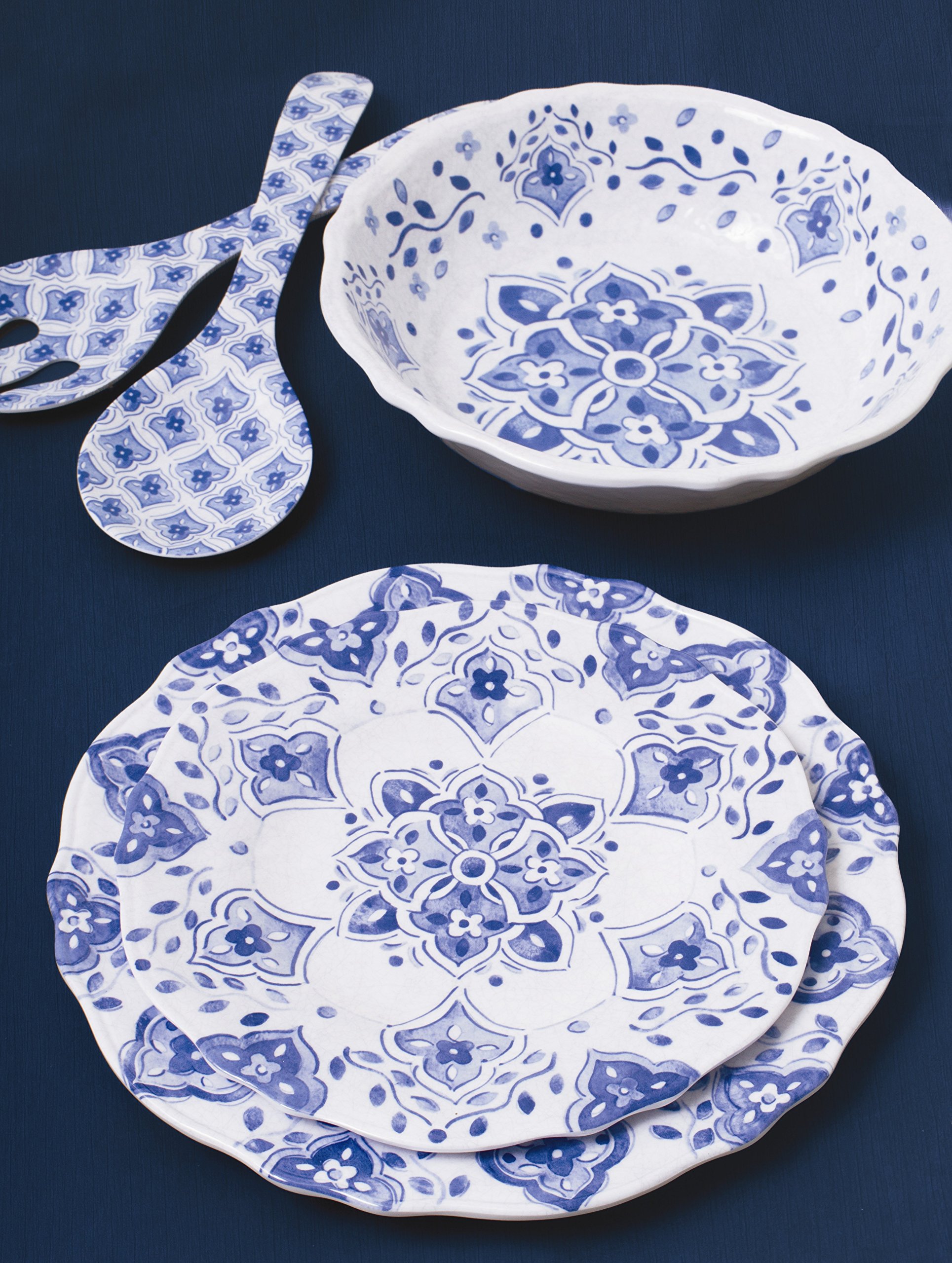 Le Cadeaux Moroccan Blue Melamine Spoon Rest and Tea Towel Set, large, white