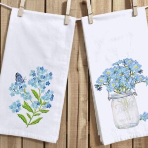 Watercolor Forget Me Not Kitchen Dish Towel 18 x 28 Inch Set of 2, Spring Summer Floral Tea Towels Dish Cloth for Cooking Baking