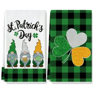 anydesign st. patrick's day kitchen towel 18 x 28 inch irish color gnome shamrock dish towel 18 x 28 inch green black buffalo plaids hand drying tea towel for cooking baking cleaning wipes, 2 pack