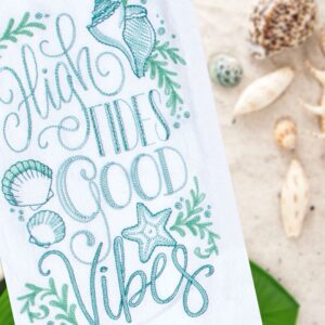 2 Coastal Dish Towels - Beach Kitchen Towels with Sayings | Ocean, Tropical, Seashell Theme Flour Sack Towel Set | Sea Life Towels for Dishes, Hand, Lake House, Beach House Decor with Recipe Card