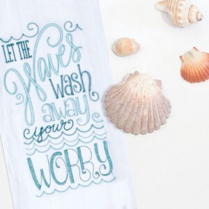 2 Coastal Dish Towels - Beach Kitchen Towels with Sayings | Ocean, Tropical, Seashell Theme Flour Sack Towel Set | Sea Life Towels for Dishes, Hand, Lake House, Beach House Decor with Recipe Card