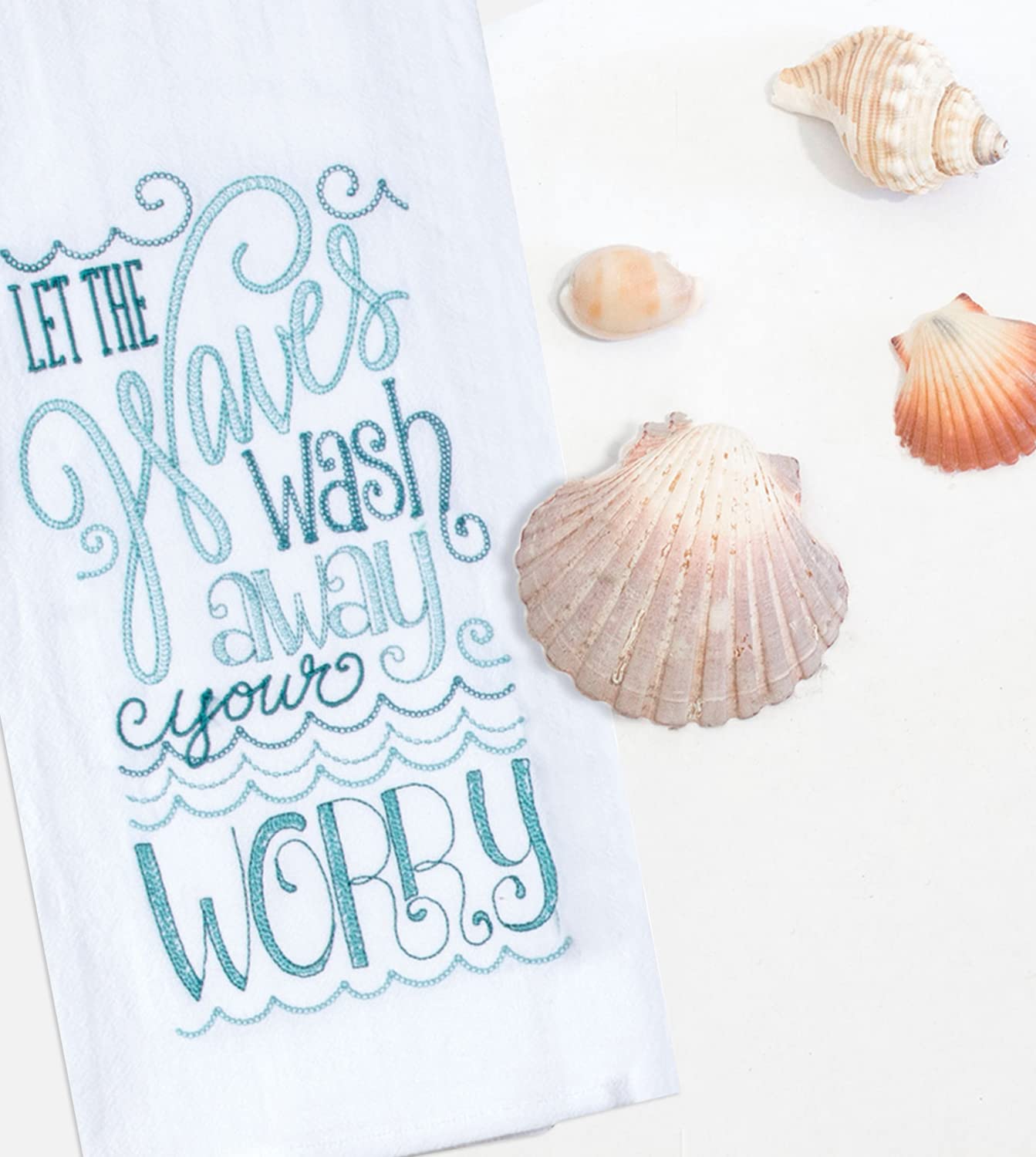 2 Coastal Dish Towels - Beach Kitchen Towels with Sayings | Ocean, Tropical, Seashell Theme Flour Sack Towel Set | Sea Life Towels for Dishes, Hand, Lake House, Beach House Decor with Recipe Card