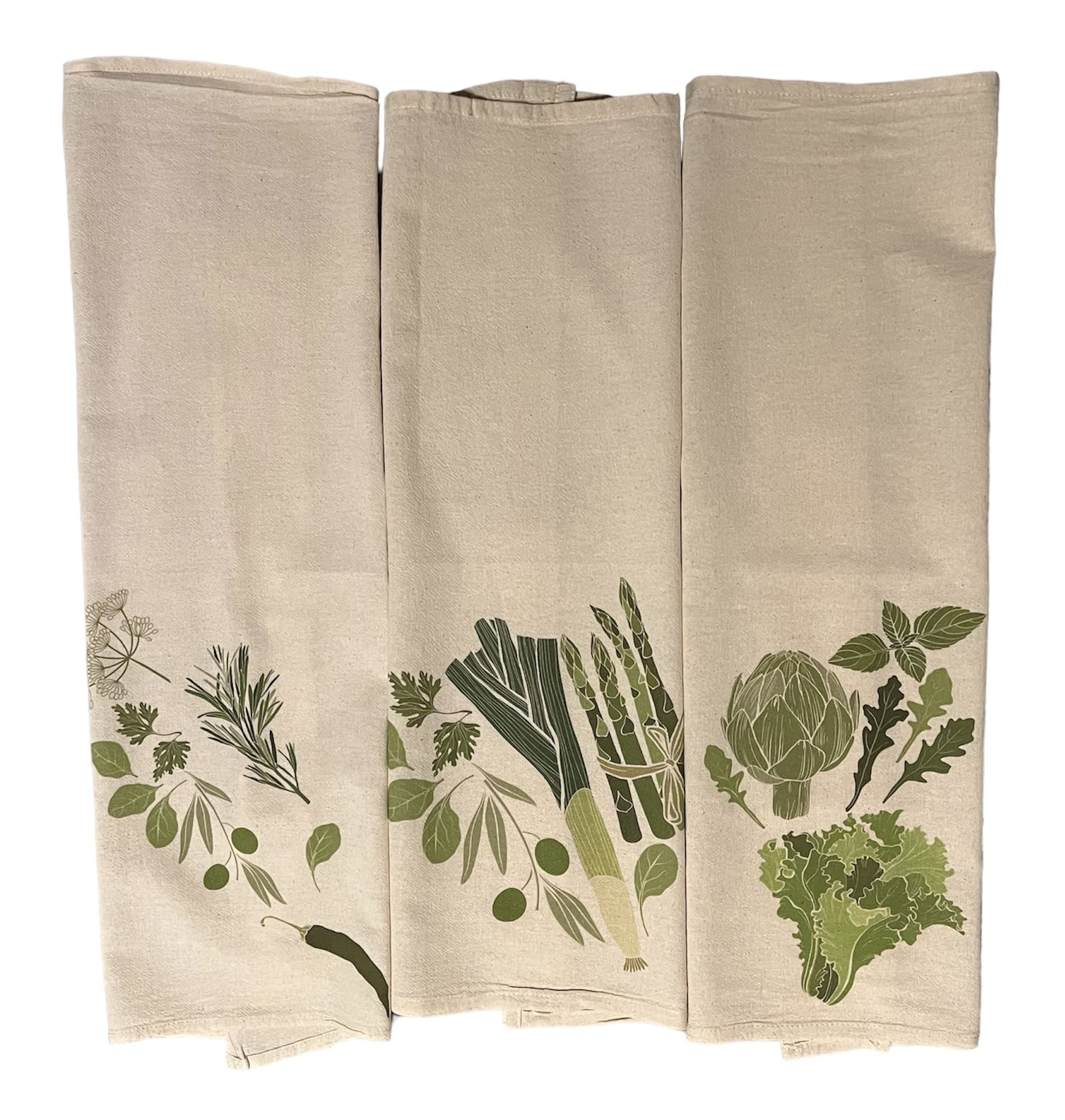 Fancy Flour Sack Kitchen Towels Set of 3 Premium Quality, Highly Absorbent, Vegetable Print White