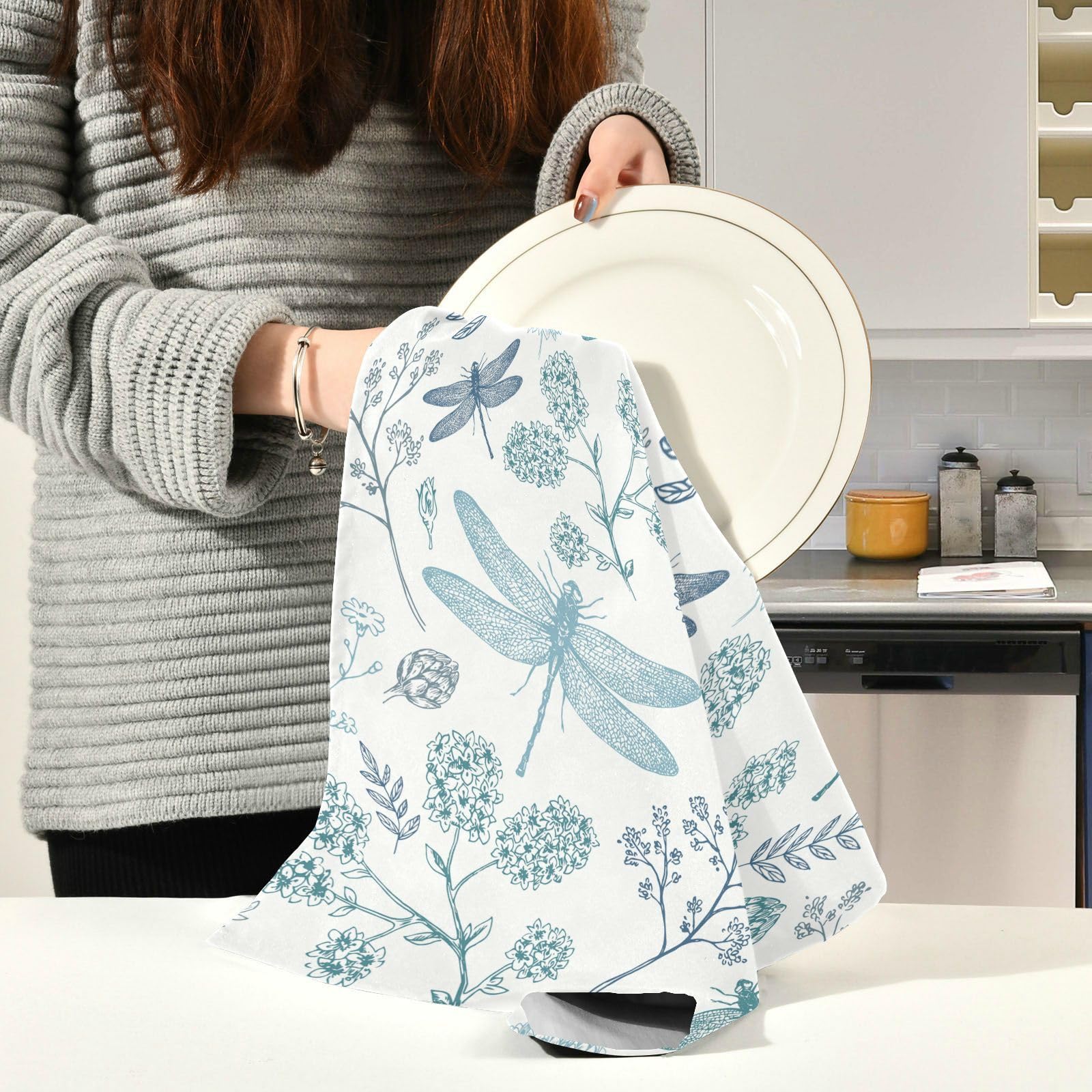 senya Blue Dragonfly Kitchen Towels 4 Pack, Absorbent Hand Towels Fast Drying Dish Cloths Tea Towel 28 x 18 in