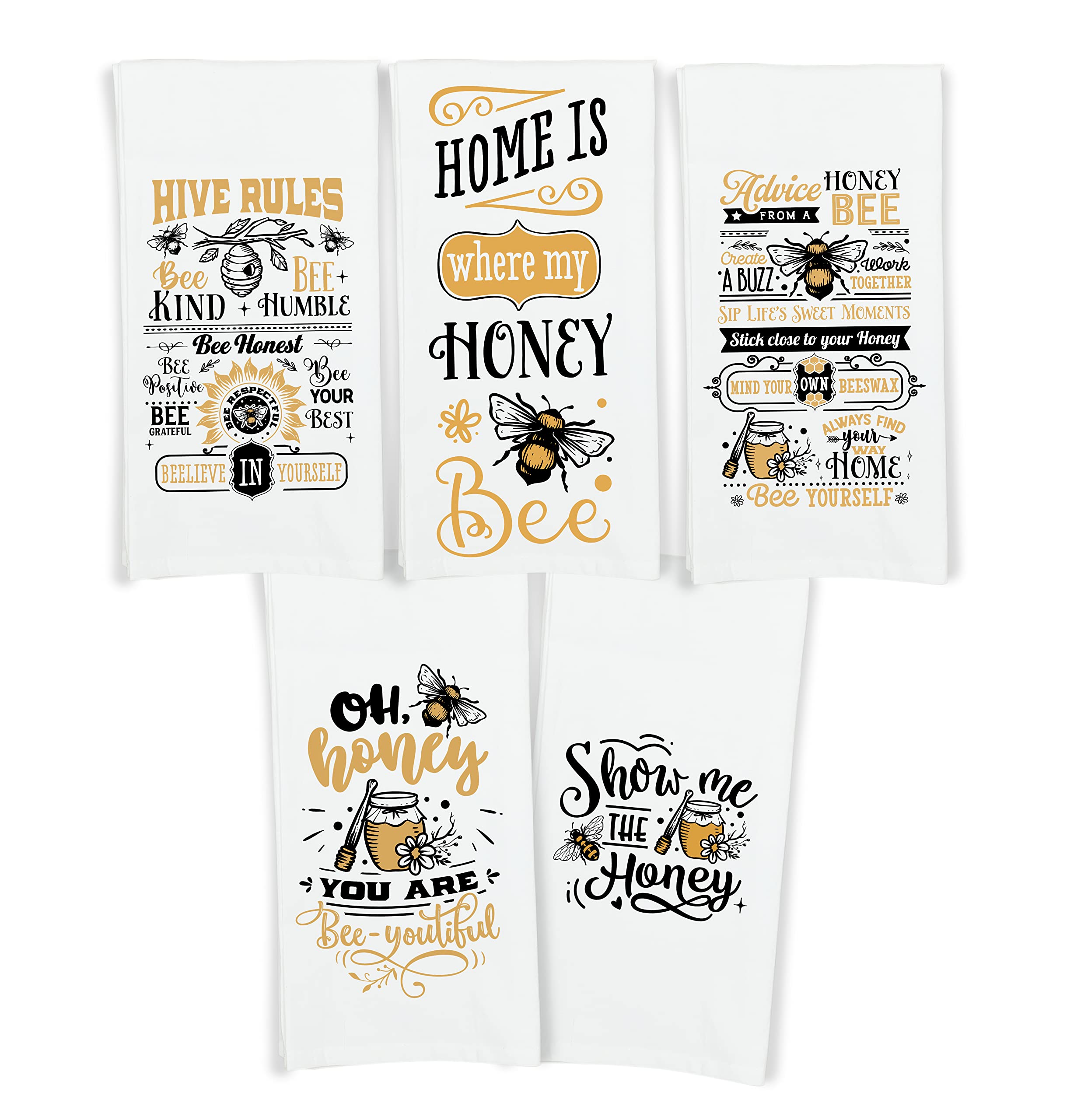 Honey Bee Kitchen Towels with Hanging Loop - Set of 5 100% Cotton Flour Sack Hand Towels - Home Decor Housewarming Hostess Mother's Day Gift for Bee Lover