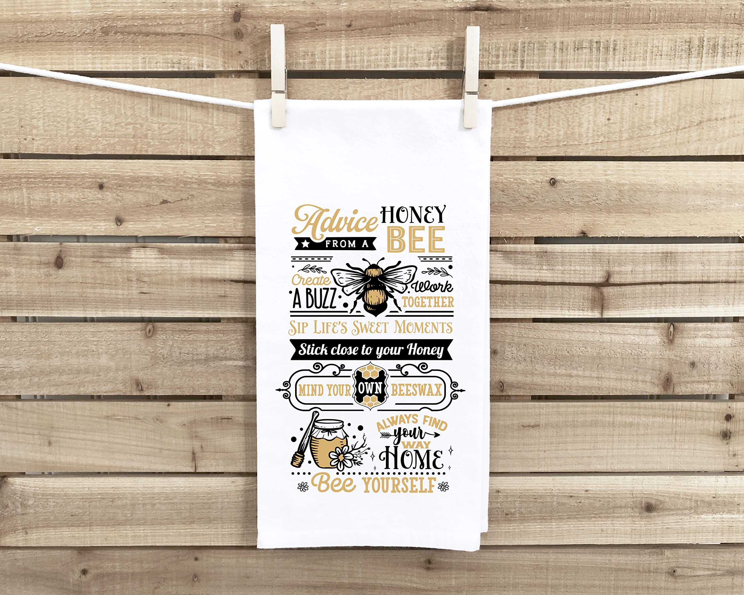 Honey Bee Kitchen Towels with Hanging Loop - Set of 5 100% Cotton Flour Sack Hand Towels - Home Decor Housewarming Hostess Mother's Day Gift for Bee Lover