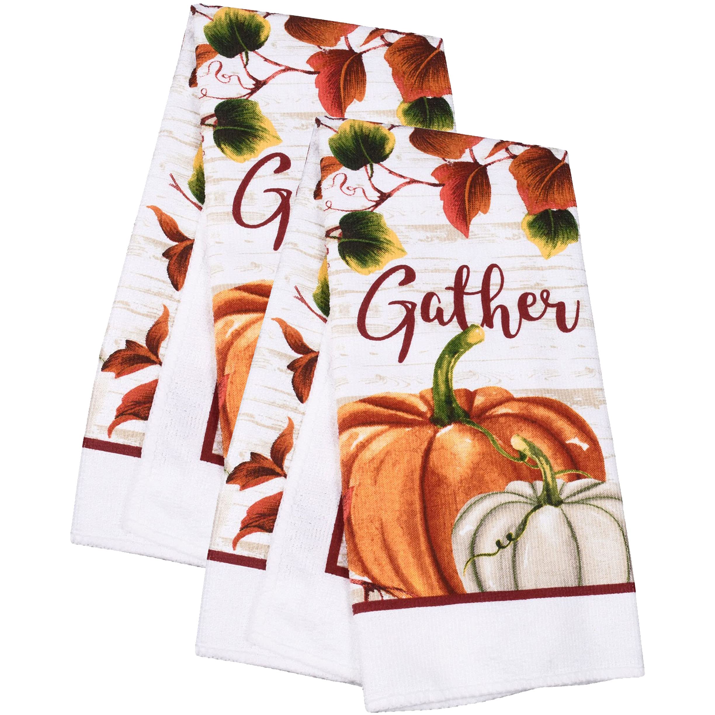 Home Collection 2 Piece Gather Towel Set | Fall Kitchen Towels | Thanksgiving Decorative Cotton Bathroom Towels (Pumpkins)