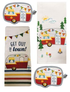 4 piece happy camper kitchen towel bundle - 1 tea towel, 1 terry towel and 2 potholders