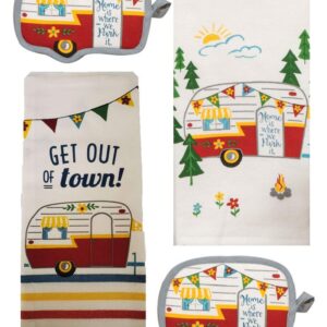 4 Piece Happy Camper Kitchen Towel Bundle - 1 Tea Towel, 1 Terry Towel and 2 Potholders