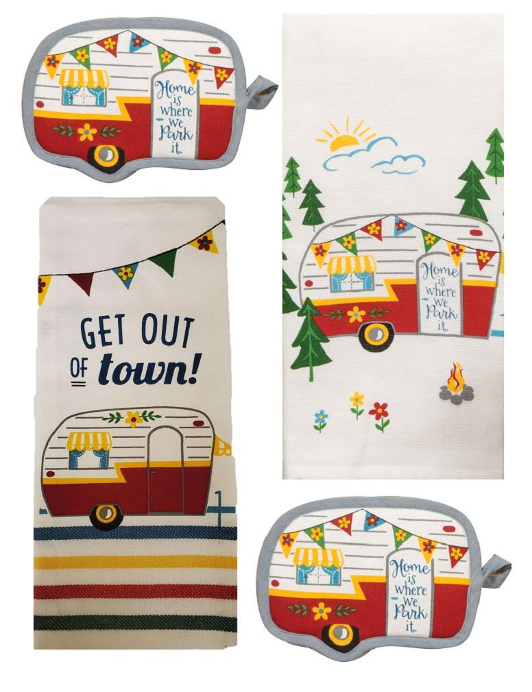 4 Piece Happy Camper Kitchen Towel Bundle - 1 Tea Towel, 1 Terry Towel and 2 Potholders