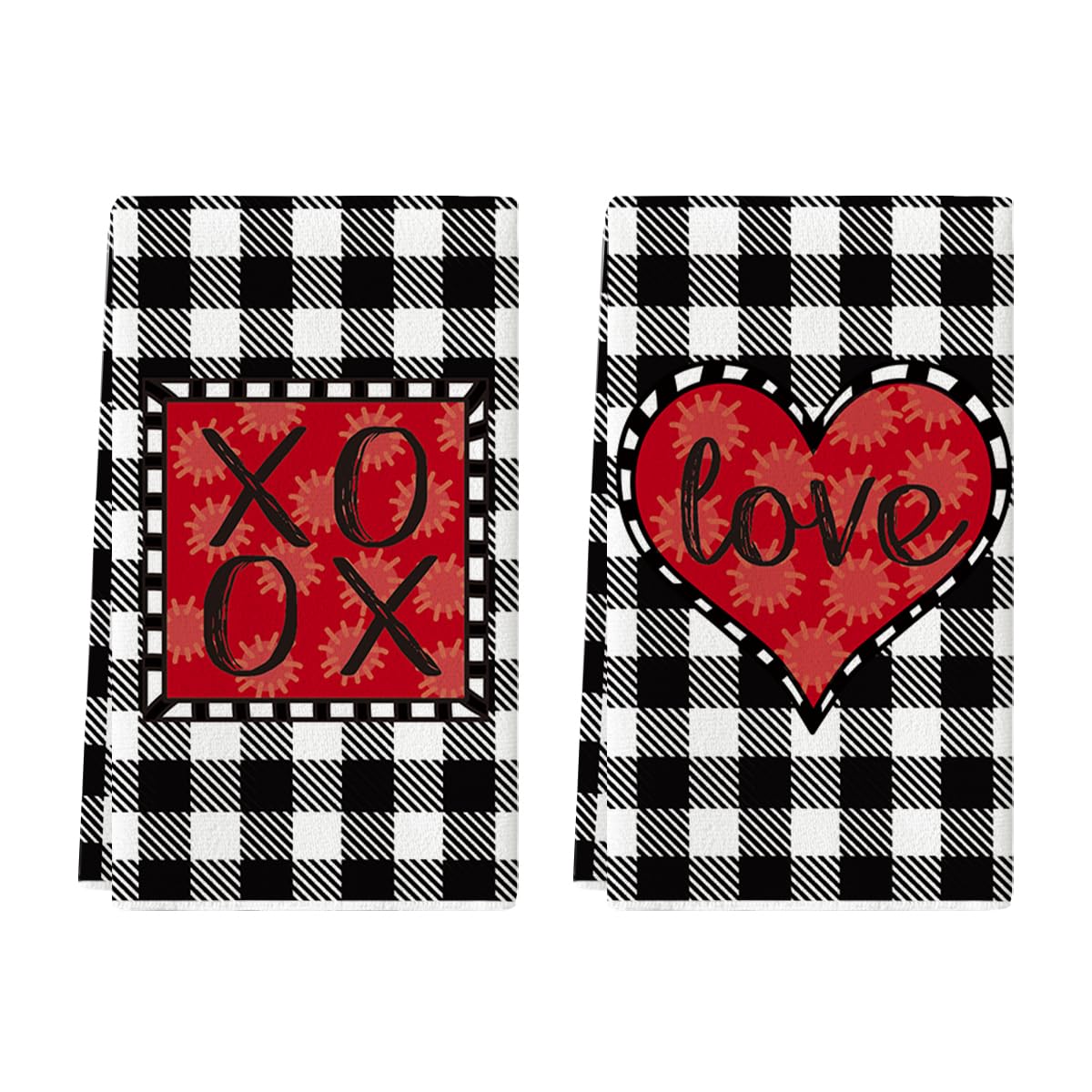 Artoid Mode Buffalo Plaid Love XOXO Kitchen Dish Towels, 18 x 26 Inch Seasonal Valentine's Day Anniversary Wedding Ultra Absorbent Drying Cloth Tea Towels for Cooking Baking Set of 2