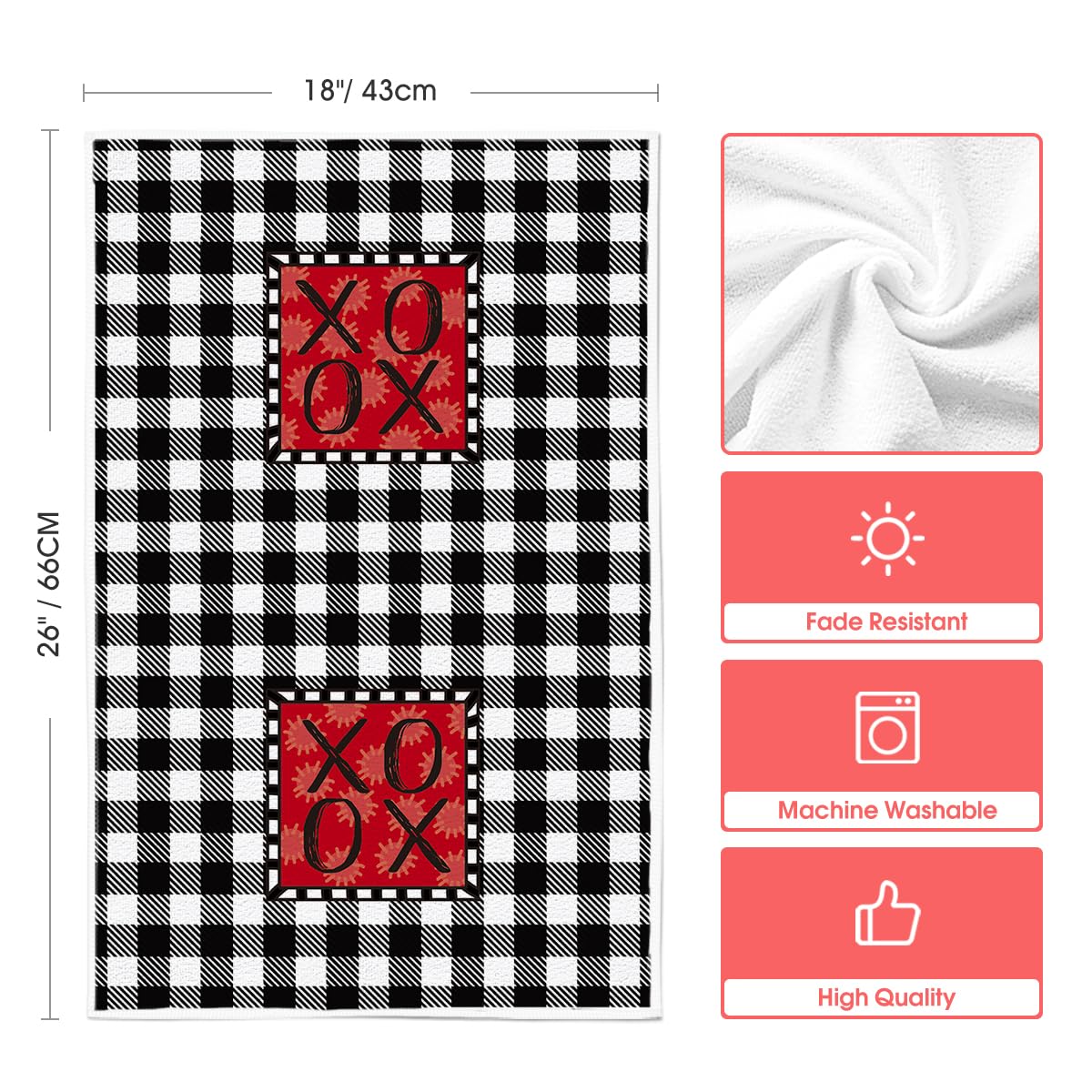 Artoid Mode Buffalo Plaid Love XOXO Kitchen Dish Towels, 18 x 26 Inch Seasonal Valentine's Day Anniversary Wedding Ultra Absorbent Drying Cloth Tea Towels for Cooking Baking Set of 2