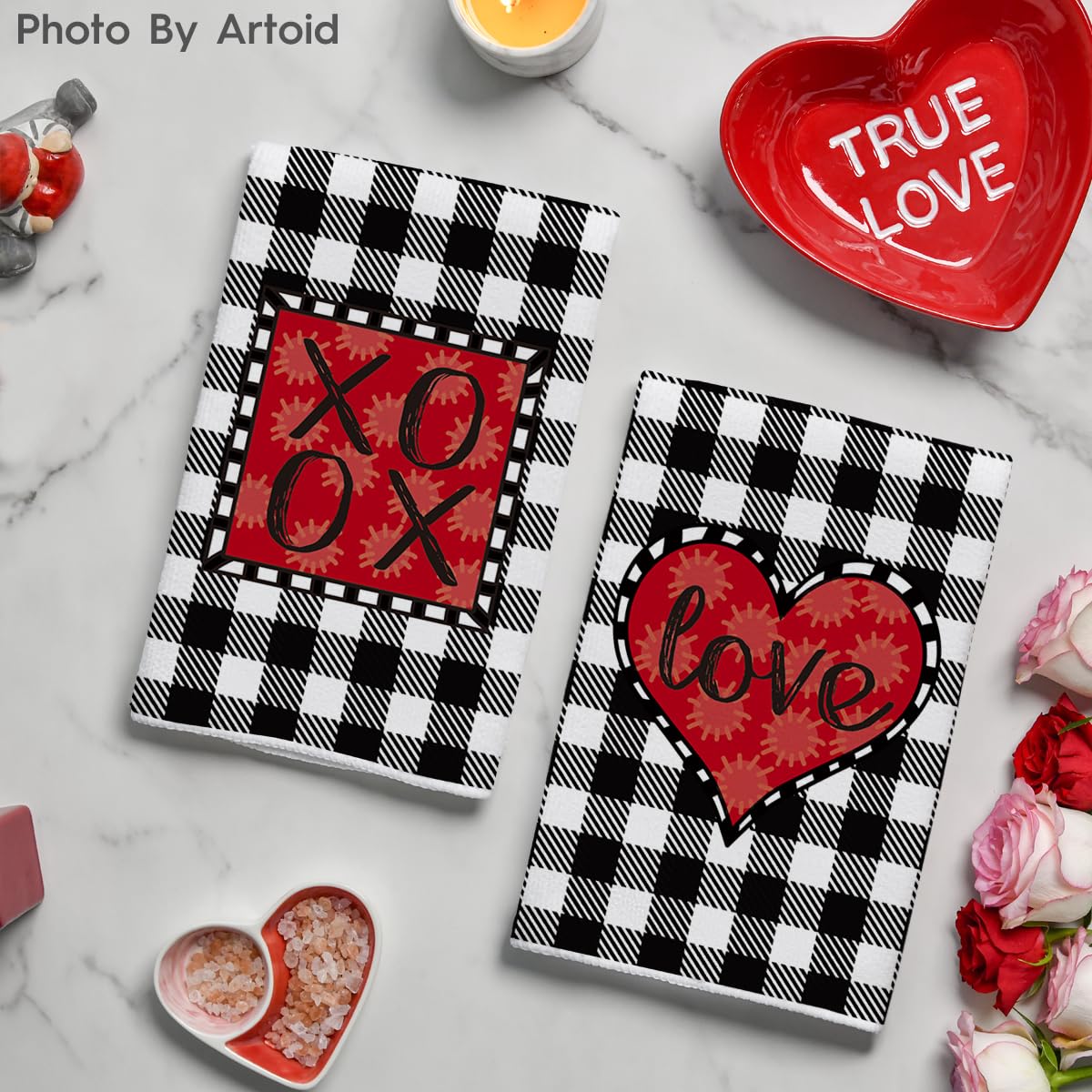 Artoid Mode Buffalo Plaid Love XOXO Kitchen Dish Towels, 18 x 26 Inch Seasonal Valentine's Day Anniversary Wedding Ultra Absorbent Drying Cloth Tea Towels for Cooking Baking Set of 2