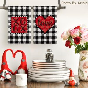 Artoid Mode Buffalo Plaid Love XOXO Kitchen Dish Towels, 18 x 26 Inch Seasonal Valentine's Day Anniversary Wedding Ultra Absorbent Drying Cloth Tea Towels for Cooking Baking Set of 2