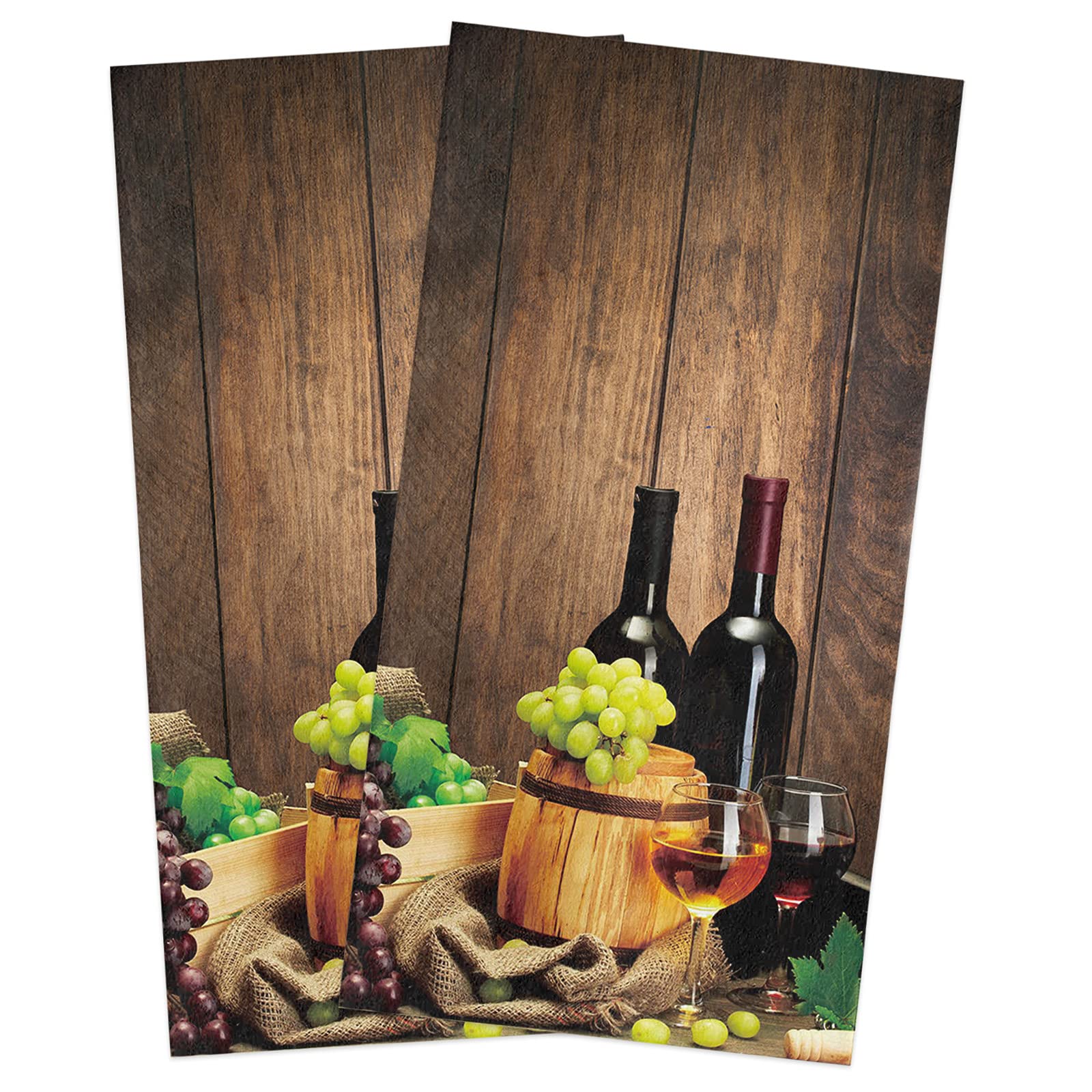 Red Wine Kitchen Towels Set Wine Bottles Dish Towel Grape Fruit Wooden Dishcloths 2 Pack, 18x28 Inches Absorbent Soft Cotton Dish Cloths Bar Towels & Tea Towels