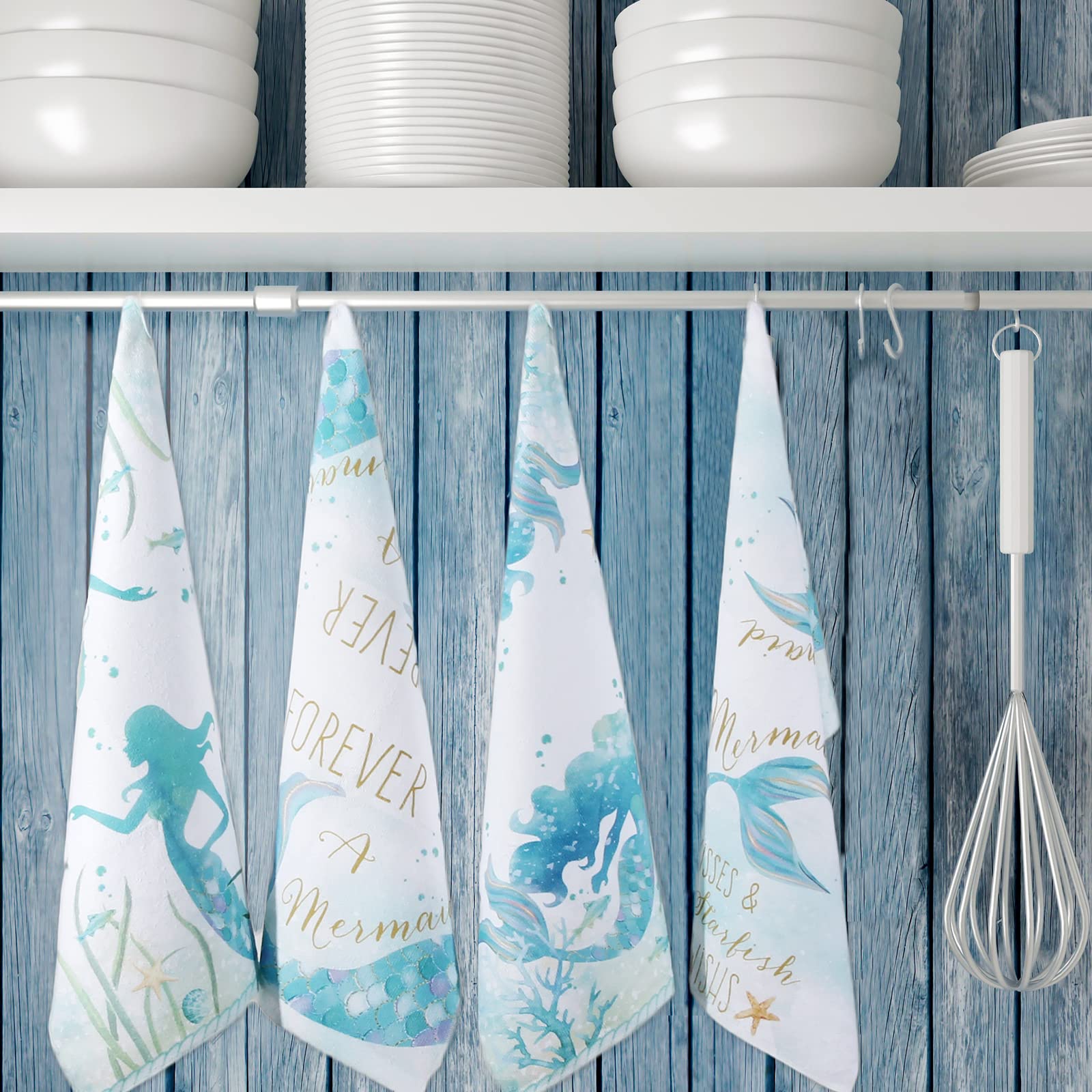 ARTHMOM 4 Pcs Summer Kitchen Towels Decorative Dish Towels, Beach Themed Hand Towels Ocean Tea Towels Set with Hanging Loop for Kitchen Decor (Mermaid)