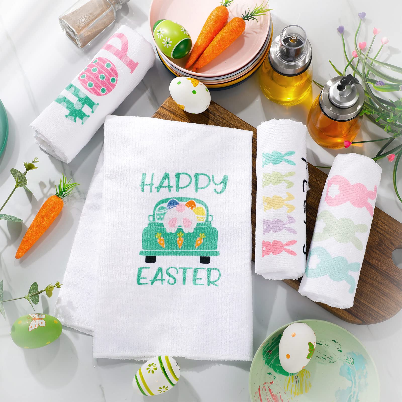 Set of 4 Happy Easter Kitchen Towels Bunny Eggs Easter Dish Towels 26 x 16 Inch Easter Bar Towels for Kitchen Hip Hop Cute Hand Towels Spring Drying Cloth Tea Towels for Baking Cooking Bathroom