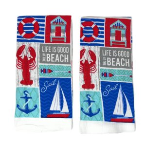 coastal living seascapes cotton printed summer themed kitchen towels, 15-inch x 25-inch, set of 2 (multicolor, life is good at the beach lobster sailboat)